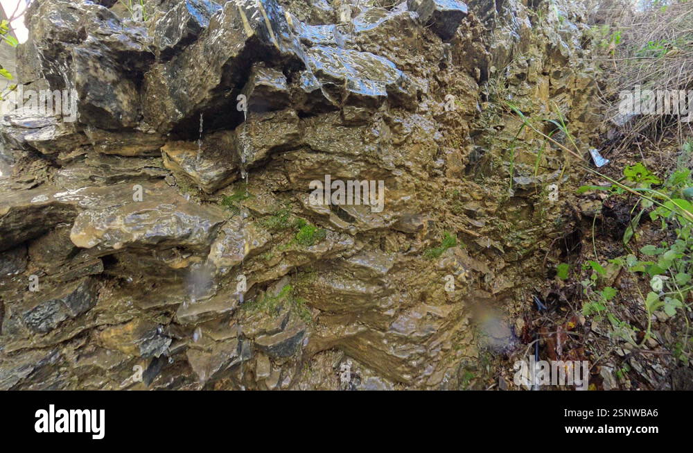 Wet Rock Surface with Layers of Sedimentary Stone, Moss Growing Between ...