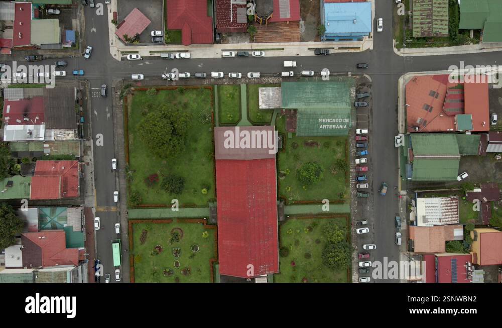 La Fortuna town Costa Rica Central America, aerial top-down view houses ...