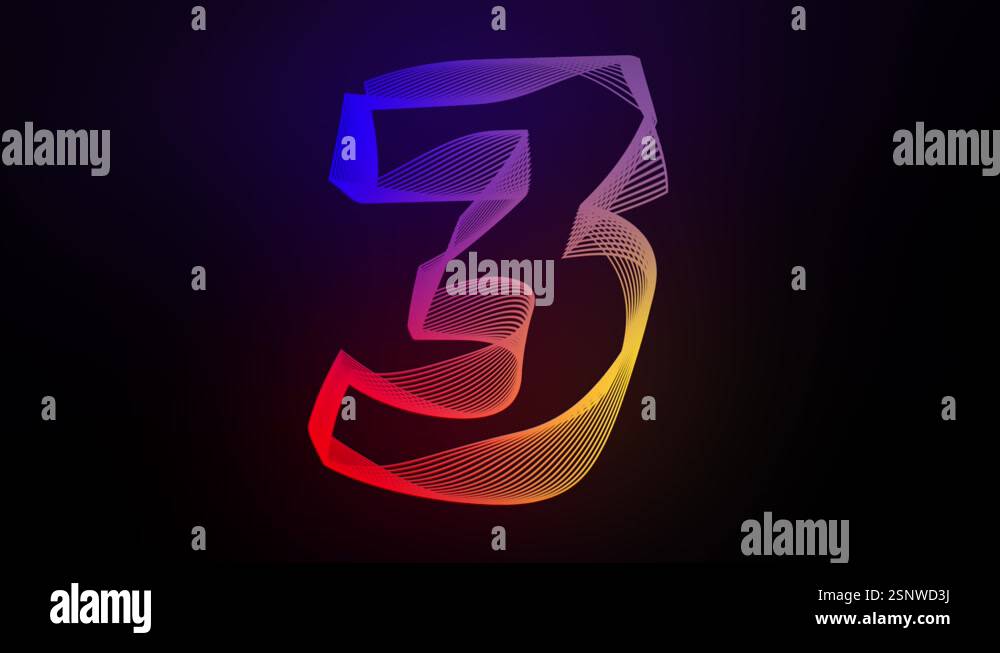 3D Number 3 three moving swirling lines animation on dark gradient ...