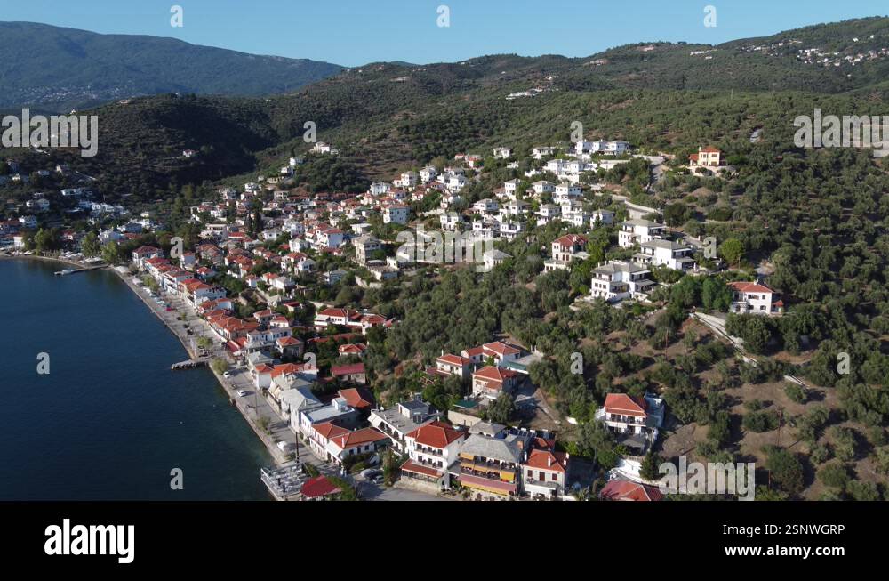 Aerial approach to the village of Afissos, in the Pelion peninsula ...