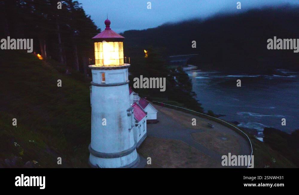 Lighthouse Light Lit Up Spinning Beam Shining Bright Over Pacific at ...
