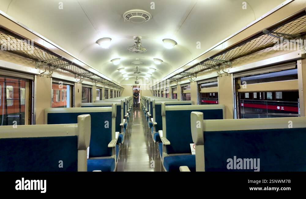 Interior of vintage rolling stock train at SCMaglev and Railway Park ...