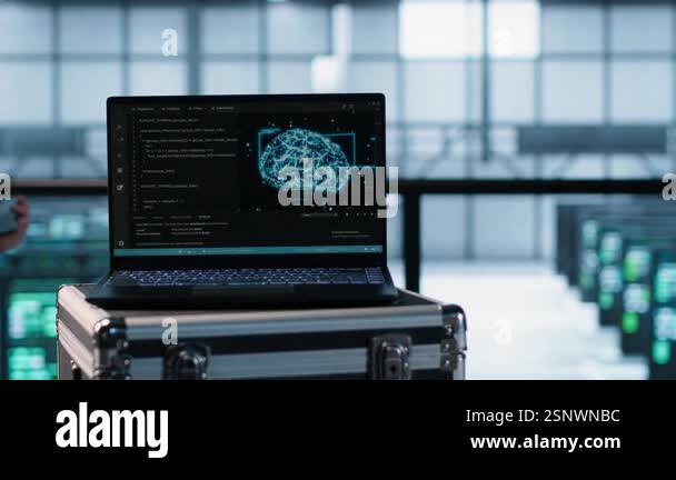 Artificial intelligence technology coding on laptop in data center with ...