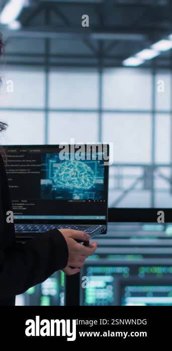 Vertical video AI technology used by data center software developers reviewing equipment ...