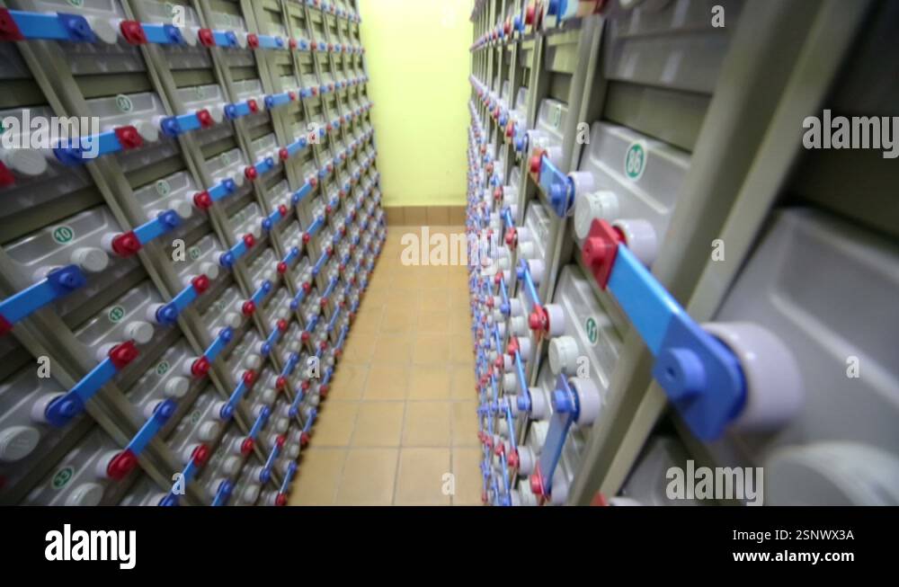 Racks with accumulator batteries of backup power system Stock Video ...