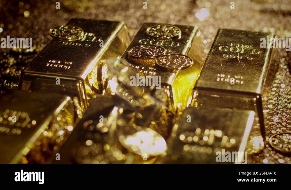 Gold bars, coins and riches. A scene of cluttered treasure and diamonds ...