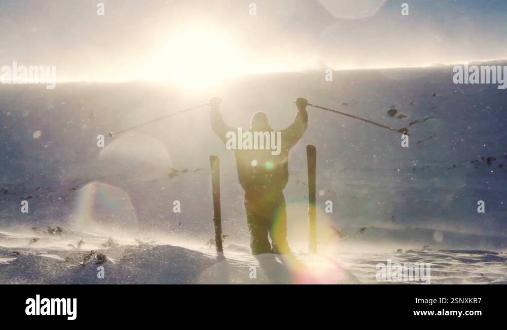 Man Worship Pose on Slope Mountain Snow Drifting Wind Stock Video ...