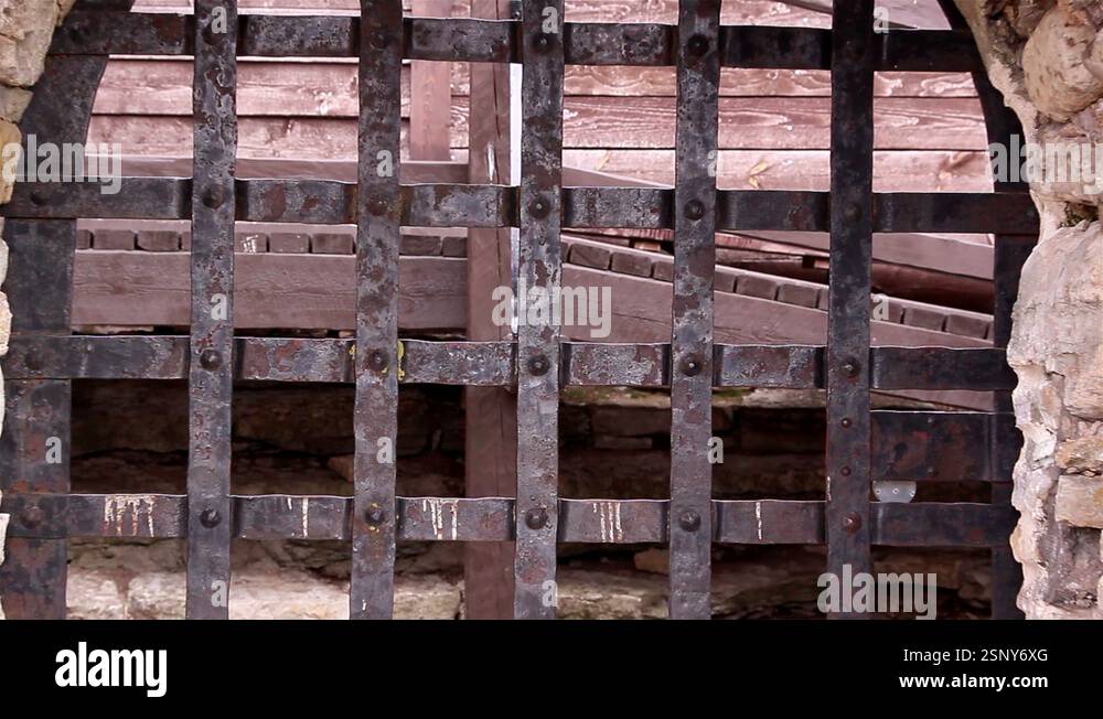 closer look of the rusty metal gate of the old castle Stock Video ...