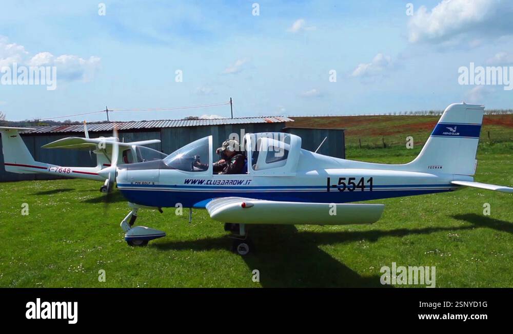 Tecnam P96 Golf 100 ultralight aircraft ready to take off, medium shot ...