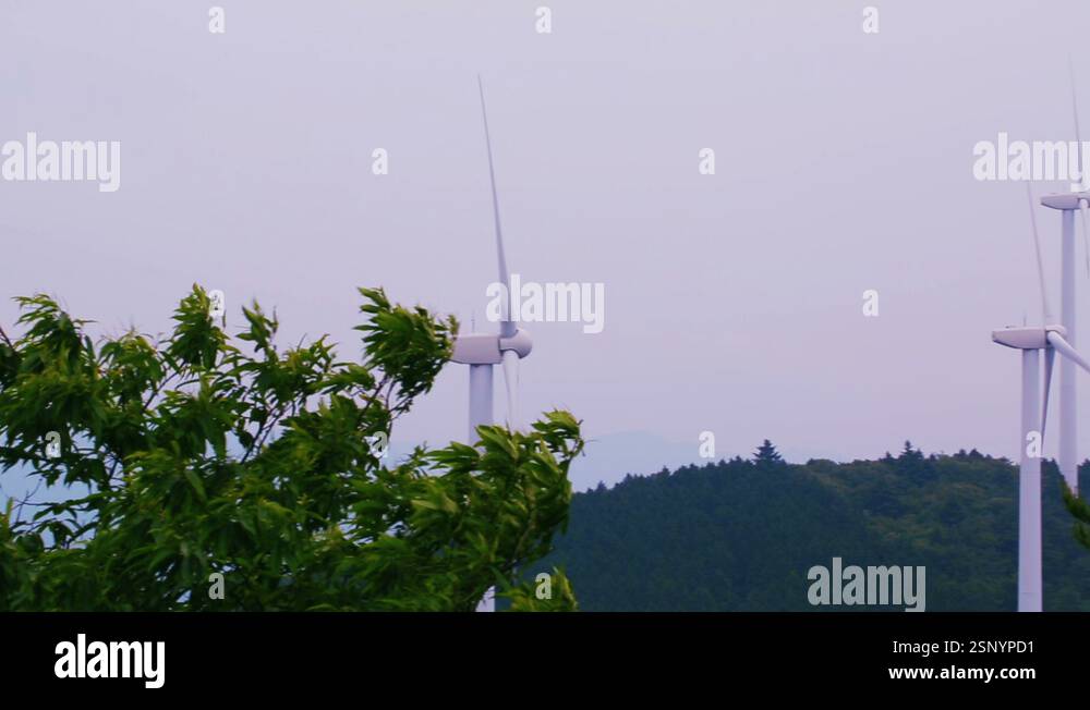 Long panning shot of a Japanese wind mill farm Stock Video Footage - Alamy