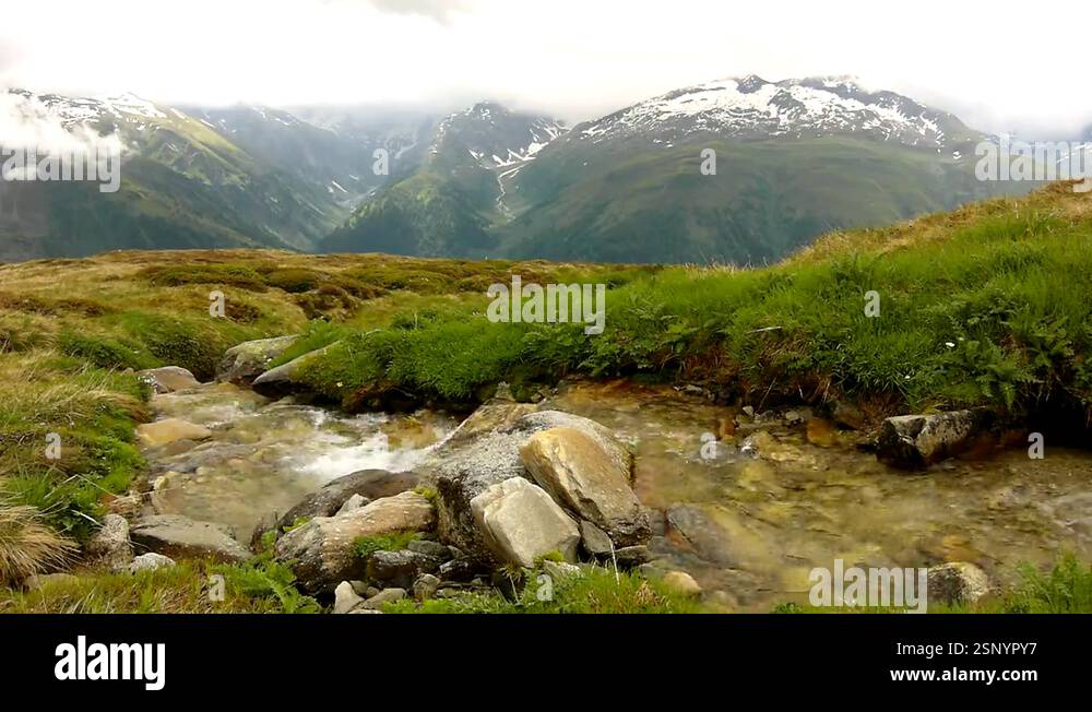 Cascade on small mountain stream in Alps, water is running in meadow ...