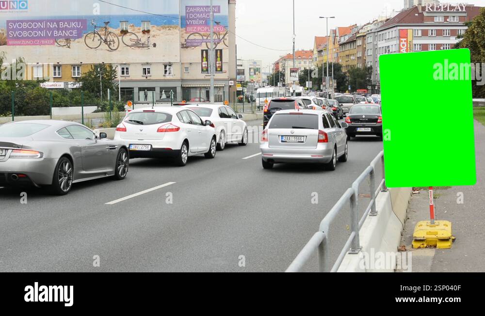 road signs - green screen - city - urban street with cars - traffic jam ...