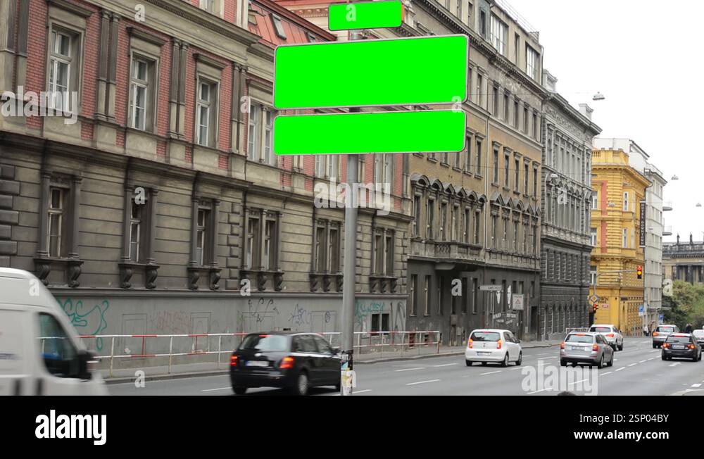 road signs - green screen - city - urban street with cars - traffic jam ...