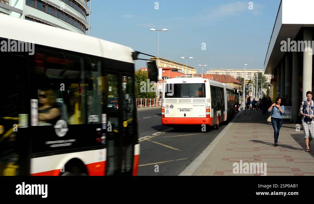 commuter people - get off from the bus (bus stop) - urban street - city ...