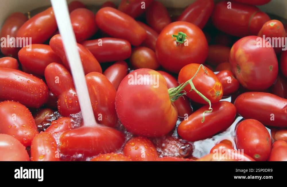 Hand washing fresh tomatoes under tap water from kitchen sink Stock ...