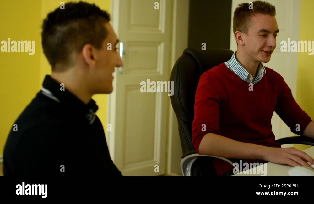 office - conversation between two men - people talk, smile - business ...