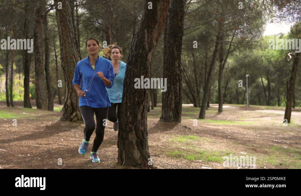 People jogging between trees, slow motion shot at 240fps, steadycam ...