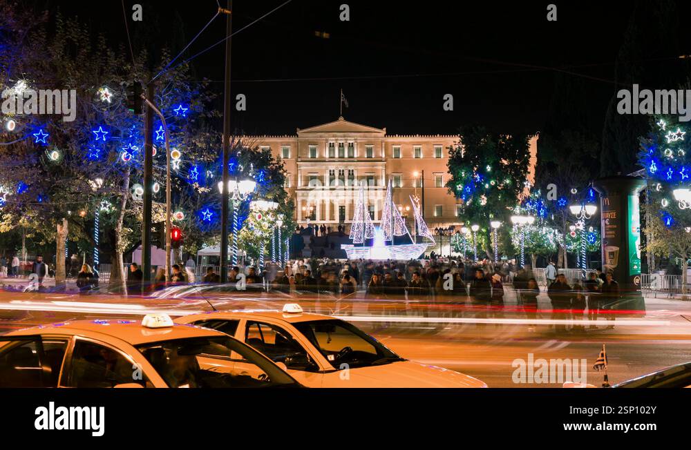 4K night Christmas holiday at constitution square in downtown Athens ...