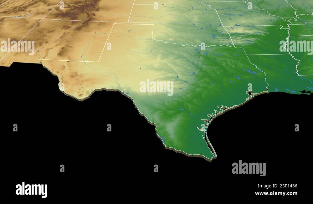 Texas state extruded on the physical map of the USA isolated on black ...