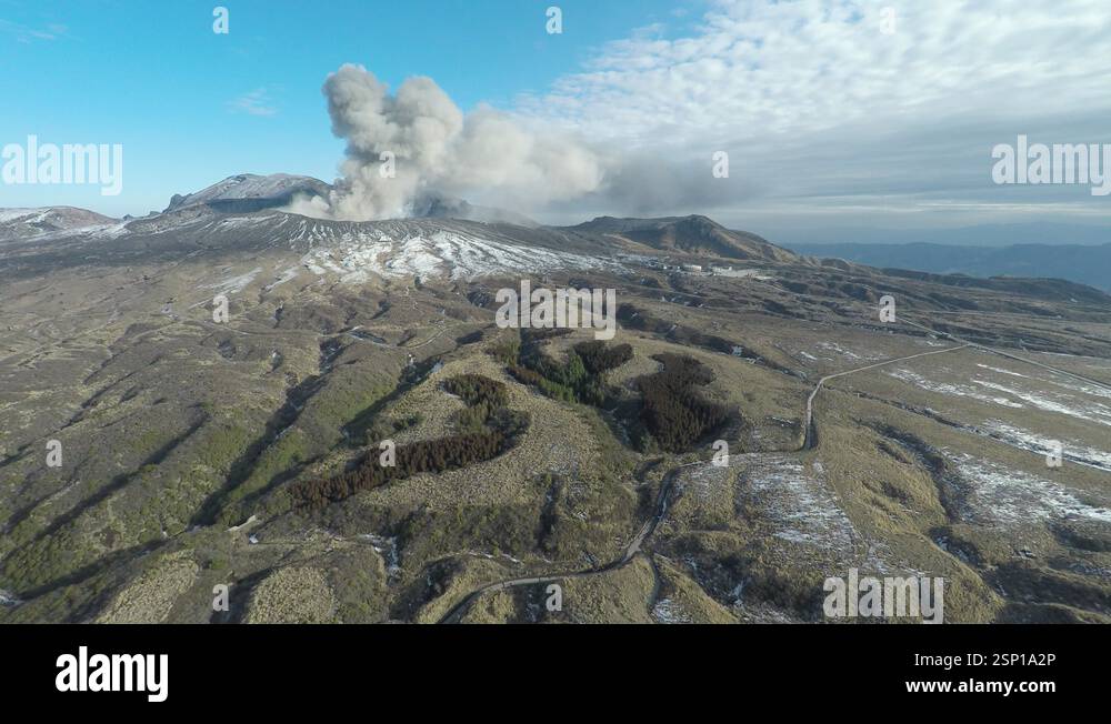Aerial Footage Aso Volcano Erupting Ash Into Blue Sky Stock Video ...