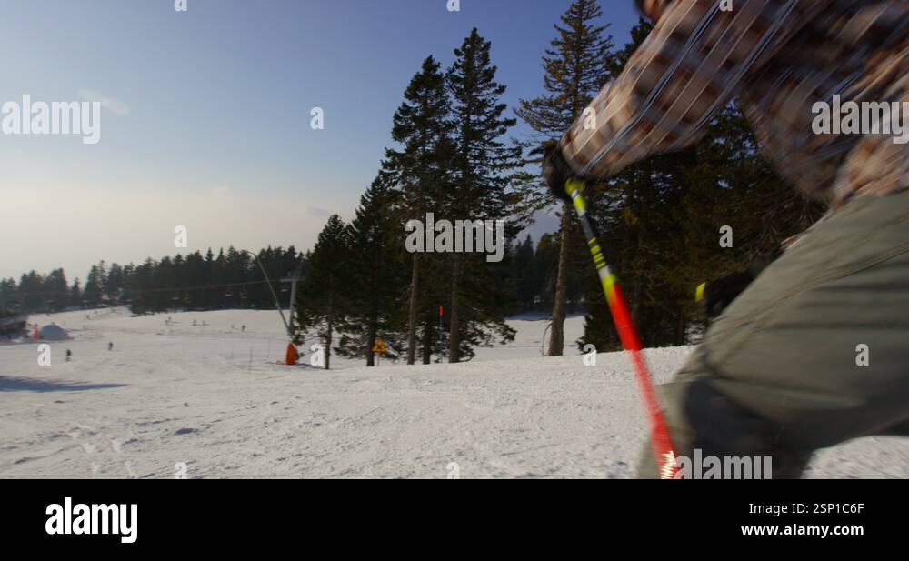 Slow Motion 4k Rear View Of Professional Skier Skiing And Then Making A ...