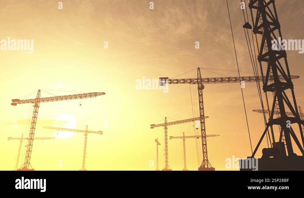 4K Huge Construction Cranes in Industrial Zone in Sunset Sunrise 3D ...