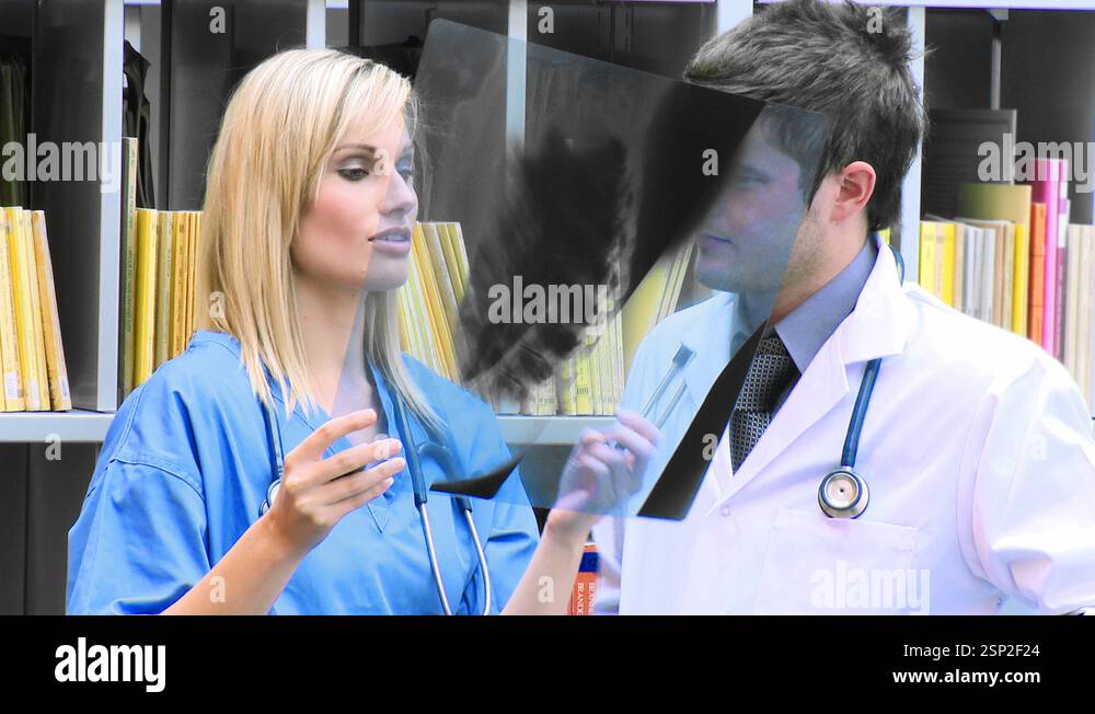 Female and male doctors examining an x-ray in hospital footage Stock ...