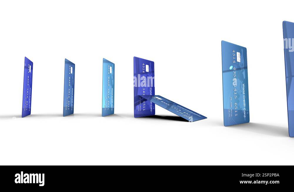 Blue credit cards falling in a circle like dominoes against white ...