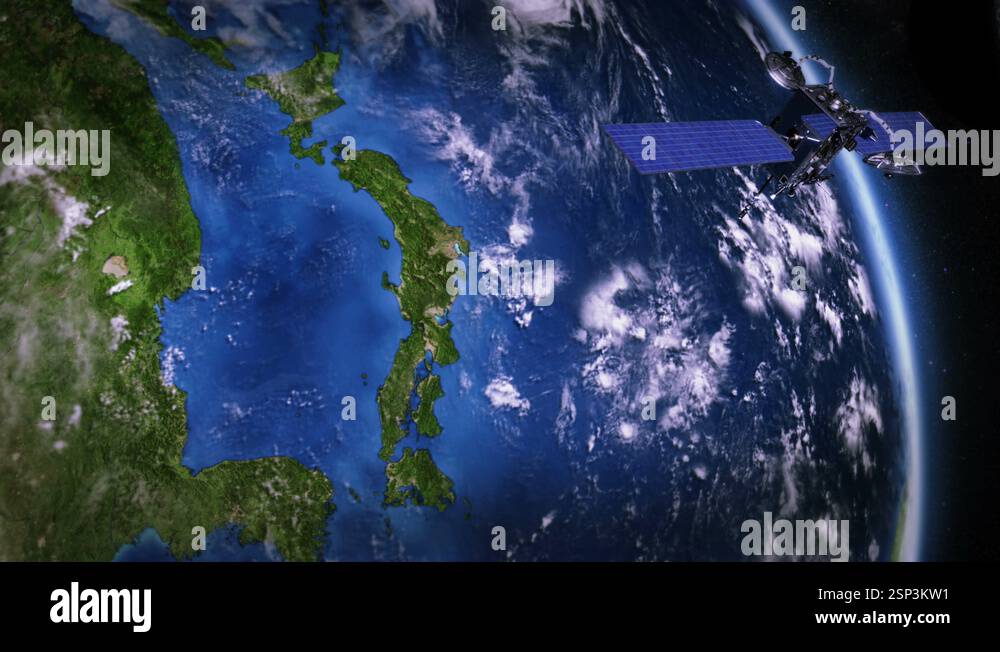 Japan. Highly detailed telecommunication satellite orbiting the Earth ...