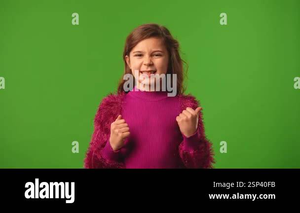 Children emotions concept. Smiling girl child with happy face looks at ...