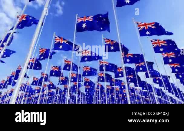 High resolution digital render of Australian Flags flying in the wind ...