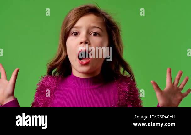 Children emotions concept. Smiling girl child with amazed wow face ...