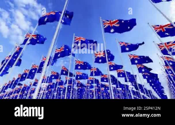 High resolution digital render of Australian Flags flying in the wind ...