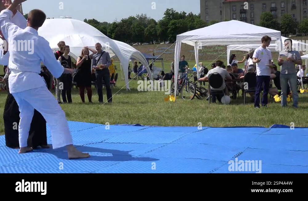 master of martial art teach follower man in front of people audience ...