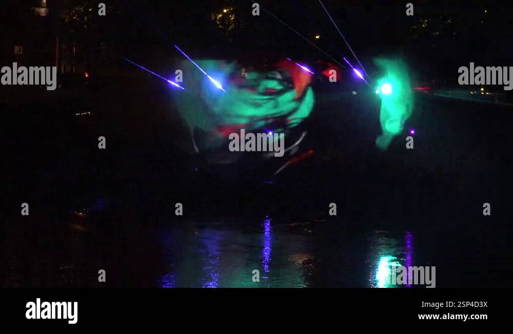 Amazing light and laser projections show over river. 4K Stock Video ...