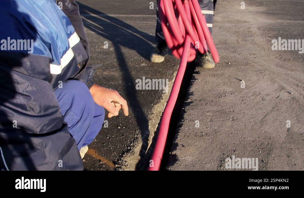 Electrical work for the airfield lighting system on runway Stock Video ...