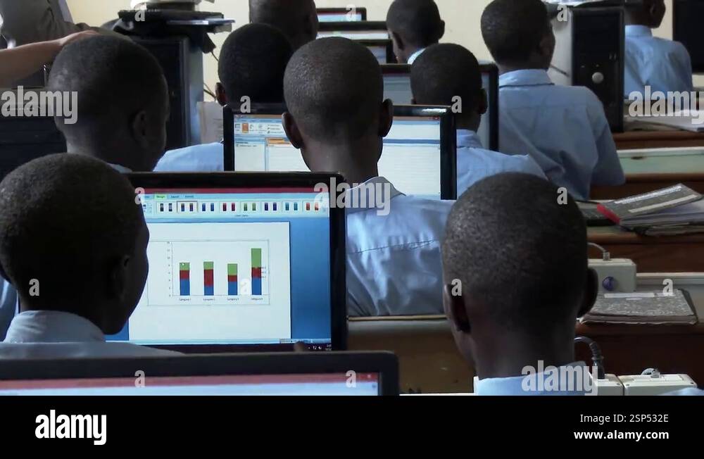 Rear view African students study data science in computer lab school ...
