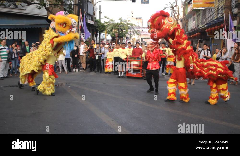 Chinese lions dancing parade to celebrate the Chinese New Year festival ...