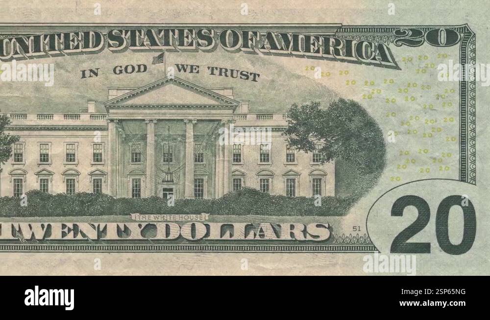 Twenty dollar note reverse dolly shot from right to left showing 20 ...