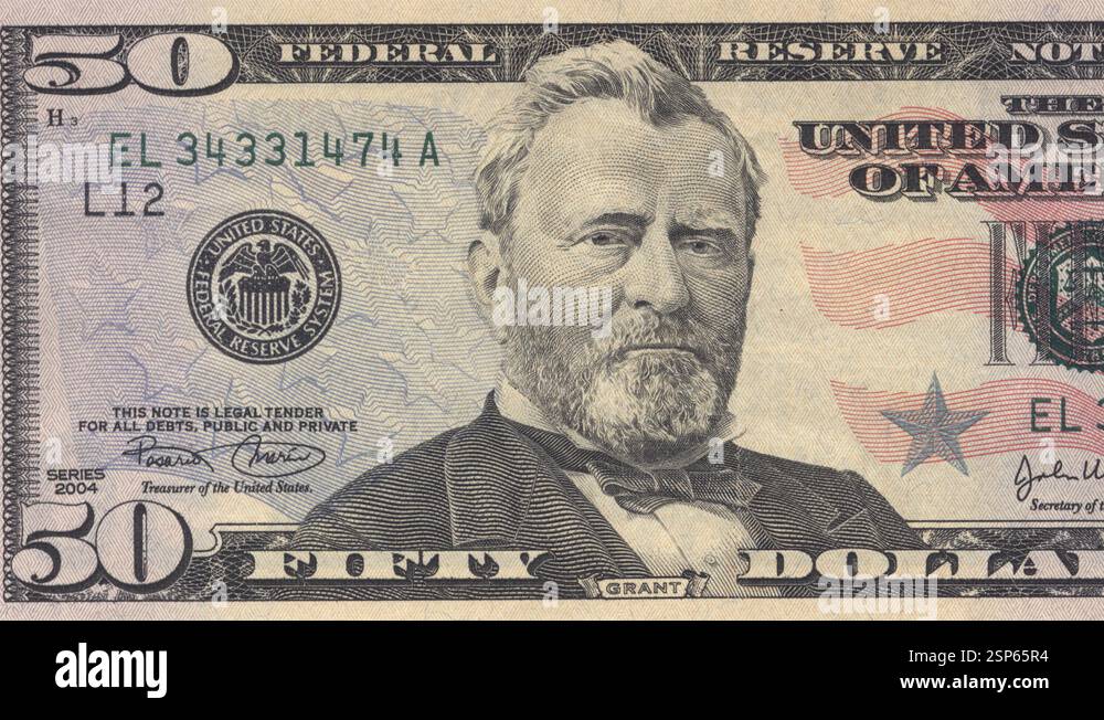 Fifty dollar note obverse dolly shot from left to right showing 50 ...