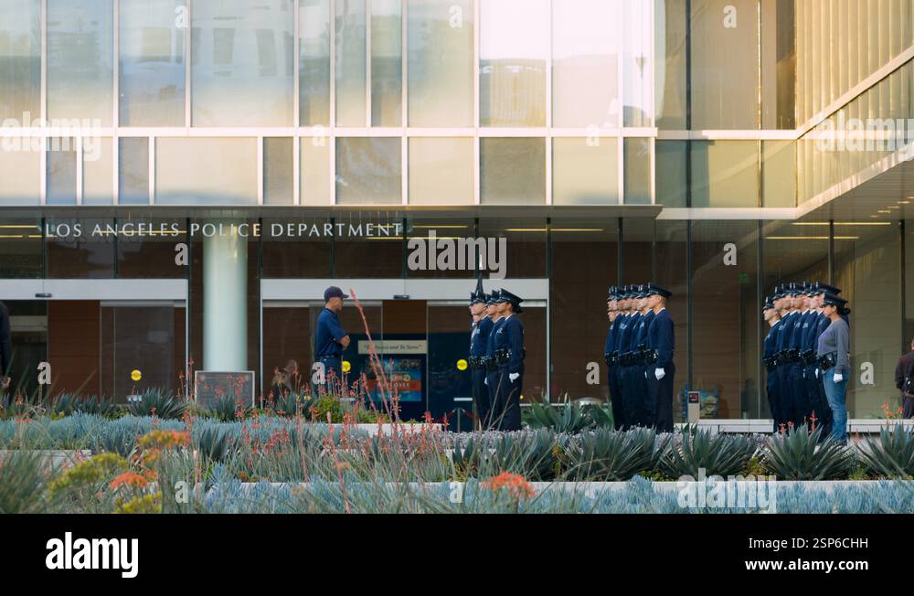 LAPD headquarters with cadets drawing their guns in Downtown LA 4K ...
