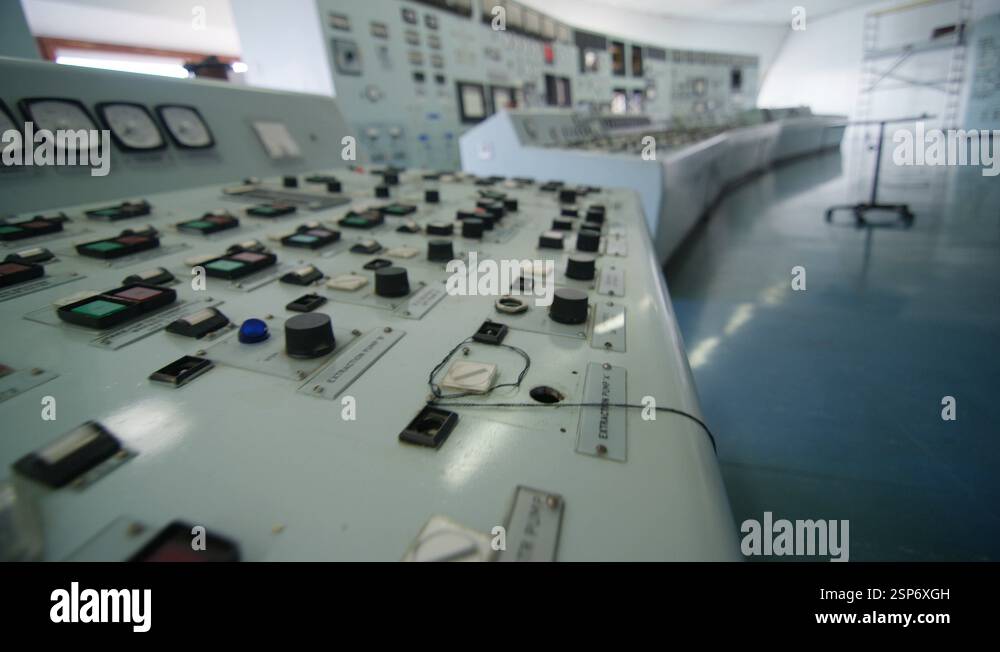 4K Interior view of system control panel in power plant control room ...