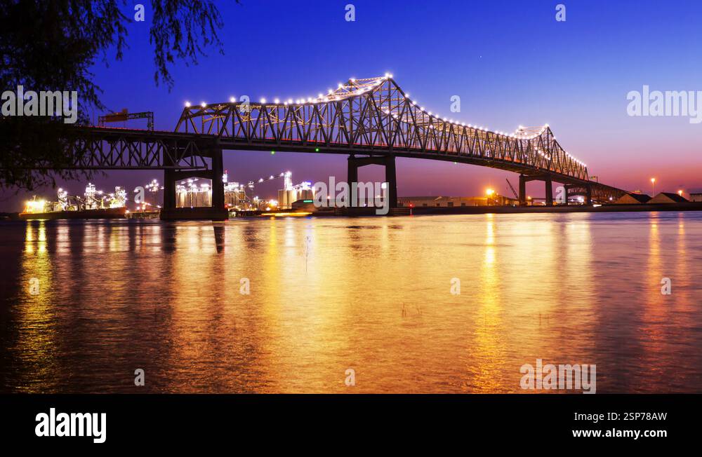Baton Rouge Bridge Over Mississippi River in Louisiana at Night - Time ...