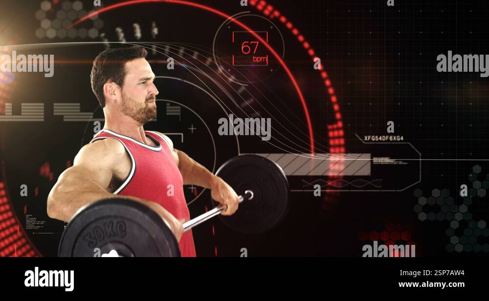 Bodybuilder lifting heavy barbell weights against animated background ...