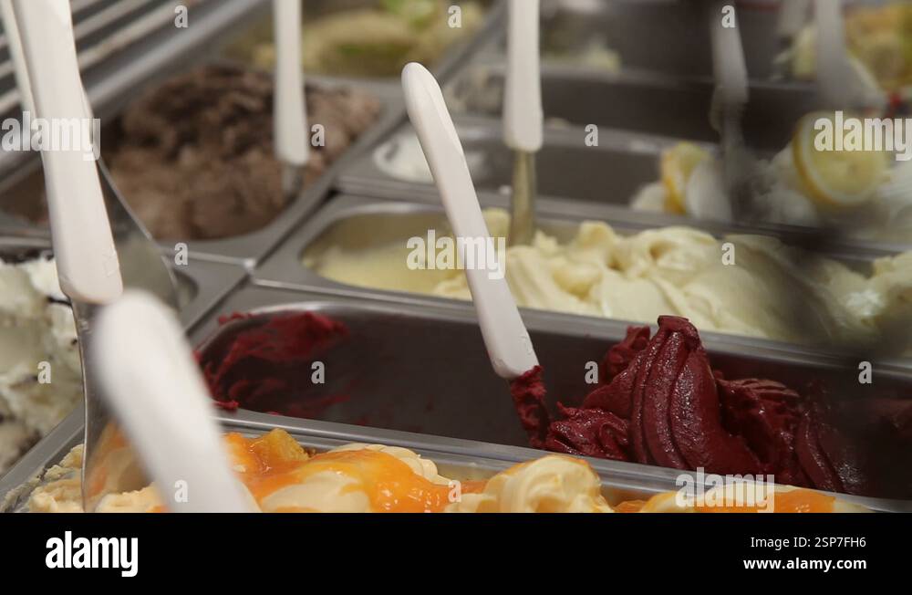 ice cream parlour with varieties of ice cream gelato, slider shot Stock ...