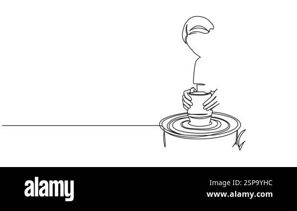 animated continuous single line drawing of female pottery maker, line ...