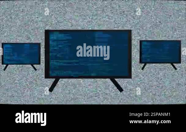 Computer screens with code on static noise background 4k animation ...