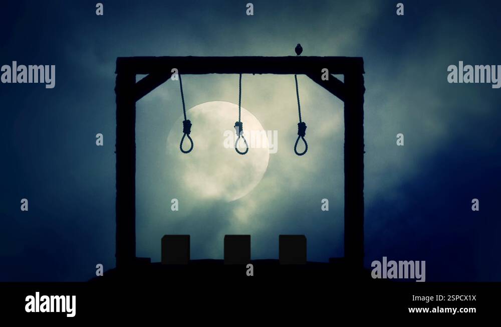 Nooses Hanging on the Gallows with a Raven on a Full Moon Spooky Night ...