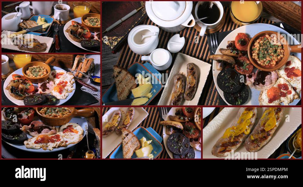 Collage of different views of a full cooked English breakfast Stock ...
