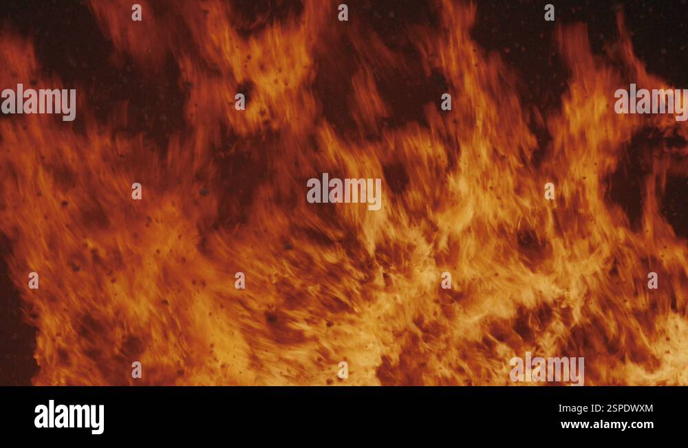 Fire flames on black background. Fire background. Snow falling on ...